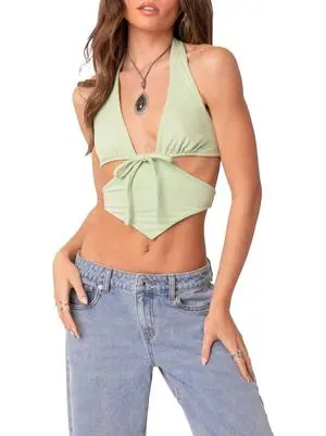 EDIKTED Cady Cutout Crop Halter Top - Green