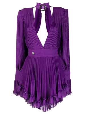 Philipp Plein Plunging V-neck Pleated Dress - Purple