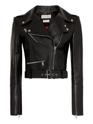 Alexander McQueen Cropped Leather Biker Jacket - Black