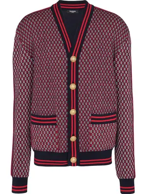 Balmain Monogram-print Checked Wool Cardigan - Red