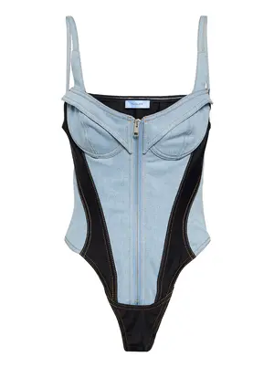 MUGLER Paneled Denim Bodysuit - Blue