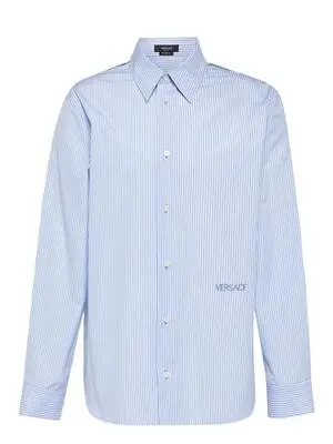 Versace Embroidered Pinstriped Cotton Shirt Blue