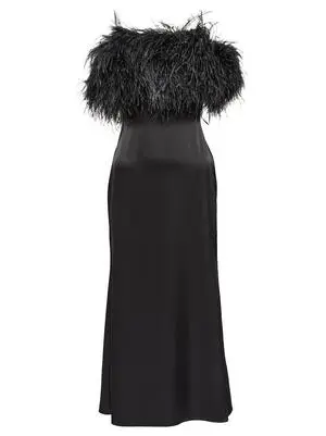 David Koma Feather-trimmed Satin Midi Dress - Black
