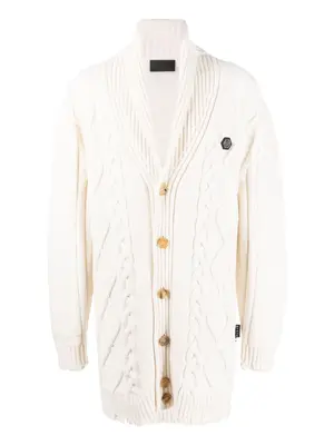 Philipp Plein Cable-knit Distressed-finish Cardigan - White