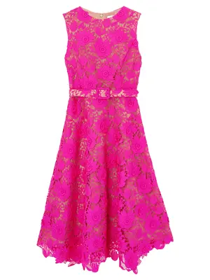 Oscar De La Renta Belted Guipure Lace Midi Dress Pink