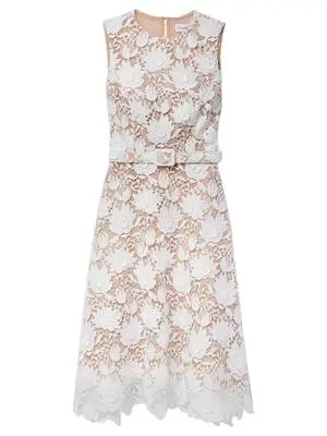 Oscar De La Renta Belted Guipure Lace Midi Dress White