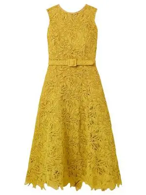 Oscar De La Renta Belted Guipure Lace Midi Dress - Yellow