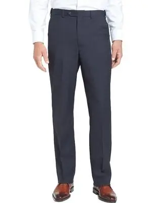Berle Berle Self Sizer Waist Plain Weave Flat Front Trousers Navy