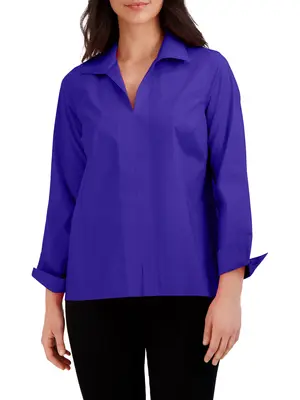 Foxcroft Agnes Split Cuff Popover Blouse Blue Iris