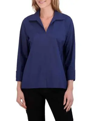 Foxcroft Agnes Split Cuff Popover Blouse - Navy