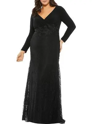 Mac Duggal Plus Wrap-over Long Sleeve Lace Applique Trumpet Gown - Black