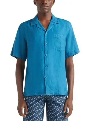 Vilebrequin Short Sleeved Solid Linen Shirt Peacock Blue