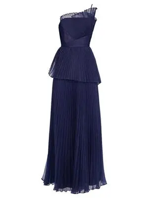 Theia Delphine Pleated One-shoulder Organza Gown - Navy