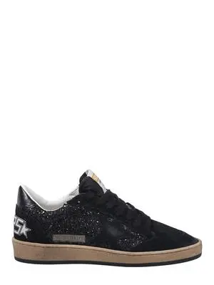 GOLDEN GOOSE Ball Star Leather Trainers With Worn-out Effect And Glitter - Black
