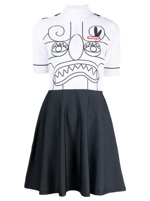 CHARLES JEFFREY Face-print Flared Minidress - Black