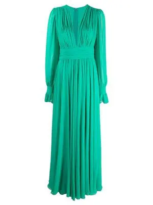 BLANCA VITA Plunging V-neck Pleated Maxi Dress - Green