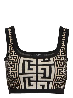 Balmain Monogram Jacquard Crop Top - Black