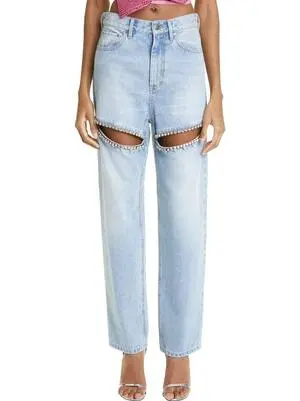 AREA Crystal Slit Straight Leg Jeans - Light Blue