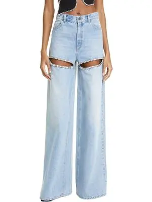 AREA Crystal Slit Wide Leg Jeans - Light Blue