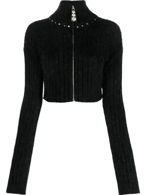 Alessandra Rich Embellished Ribbed Knit Cardigan - Grey