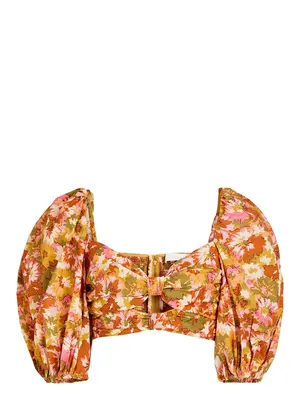 Zimmermann Cropped Cutout Floral-print Cotton-gauze Top - Saffron