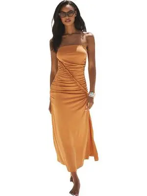 CELANDINE Celandine Gabbie Strapless Ruched Midi Dress Mango