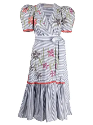 Silvia Tcherassi Floral-embroidered Striped Midi Dress - White