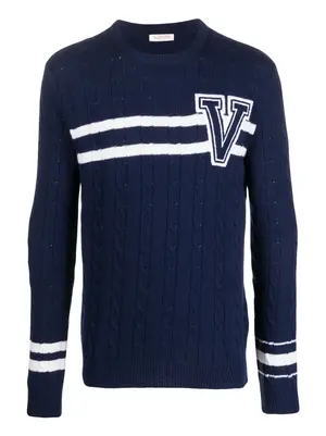 Valentino Garavani Embroidered Logo Striped Wool Jumper - Blue