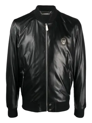 Philipp Plein Skull Leather Bomber Jacket - Black