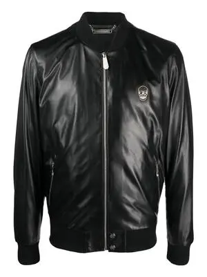 Philipp Plein Skull Leather Bomber Jacket - Black