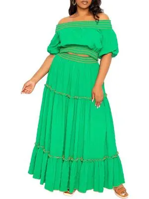 BUXOM COUTURE Smocked Off-the-shoulder Top & Maxi Skirt Set - Green
