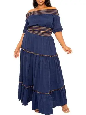 BUXOM COUTURE Smocked Off-the-shoulder Top & Maxi Skirt Set - Navy