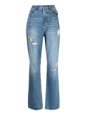 AREA Crystal-embellished Straight-leg Jeans - Blue