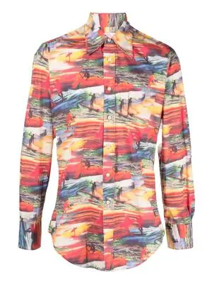 ERL Sunset-print Cotton Shirt - Red