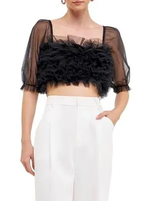 Endless Rose Ruffle Tulle Crop Top - Black