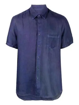 120% Lino Slub-texture Short-sleeved Linen Shirt - Blue