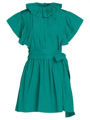 Alberta Ferretti Ruffled Pintucked Taffeta Mini Dress - Teal