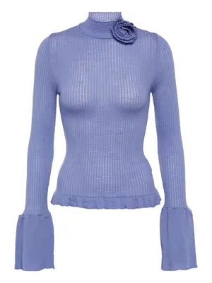 Blumarine Ruffle-trimmed Ribbed Wool Sweater - Blue