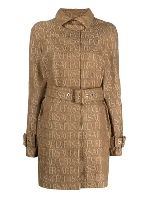Versace Allover Logo-jacquard Trench Coat - Brown