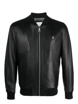 Philipp Plein Leather Bomber Jacket - Black
