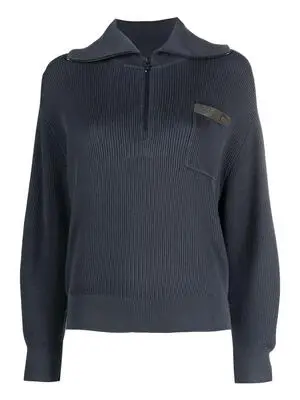 Brunello Cucinelli Monili-embellished Half-zip Jumper - Blue