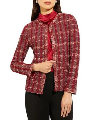 Misook Eyelash Tweed Knit Plaid Jacket - Scarlet Red/mahogany/multi