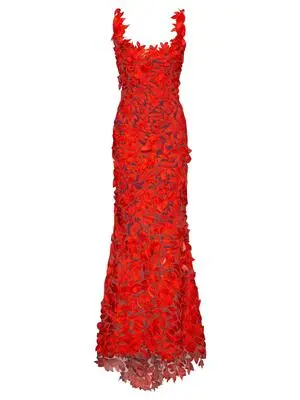 Oscar De La Renta Floral Threadwork Off-shoulder Gown - Orange