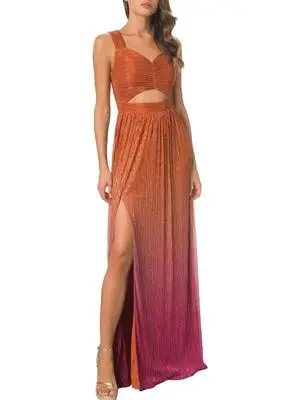 Dress The Population Metallic Ombré Plissé Gown - Orange Multi