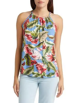 Loveappella Leaf Print Sleeveless Tank - Denim/ Coral