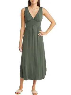 Loveappella Sleeveless V-neck Midi Dress - Olive