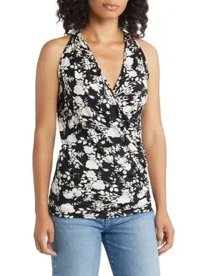 Loveappella Print Faux Wrap Tank - Black/ivory