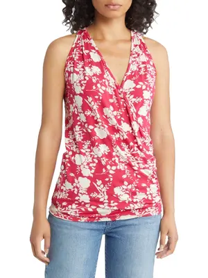 Loveappella Loveappella Print Faux Wrap Tank Magenta/ Ivory