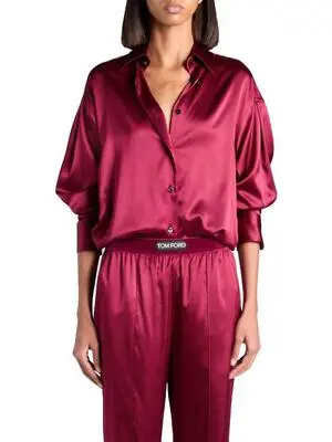 TOM FORD Relaxed Fit Stretch Silk Satin Blouse - Gv481 Deep Plum