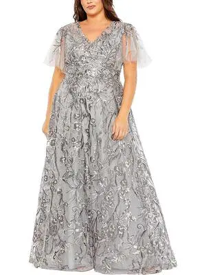 Mac Duggal High Neck Flutter Sleeve Embroidered A-Line Gown Grey